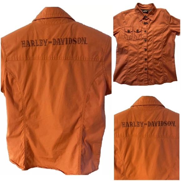 Harley-Davidson | Tops | Harleydavidson Women Orange Fitted Short ...